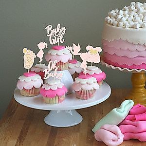 24Pcs Oh Baby Cupcake Toppers Baby Girl Cupcake Toppers with Bow Dress Footprint Swan Light Pink Glitter Babyshower Gender Reveal Cake Picks Decorations for Baby Shower Its a Girl Birthday Party