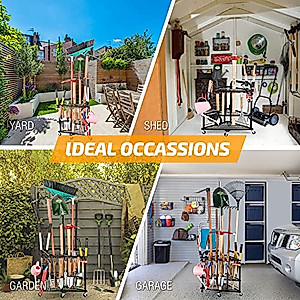 PLKOW Garden Tool Organizer with Wheels and Storage Hooks, Rolling Corner Tool Storage Rack for Garden, Shed, Garage, Powder Coated Steel, Black