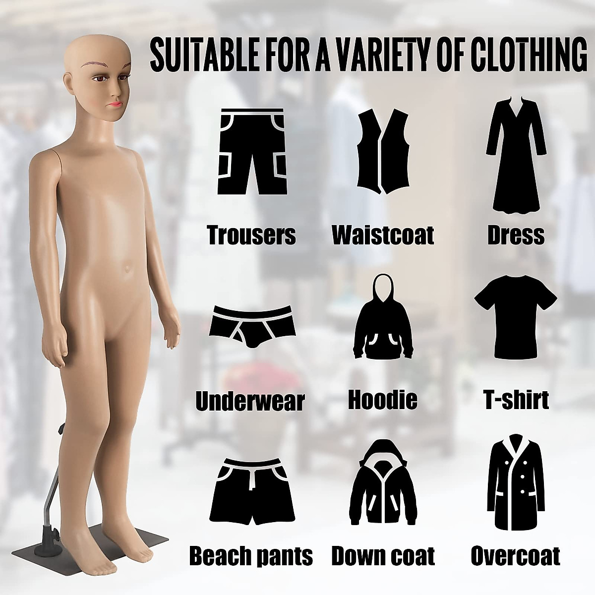 Kids Mannequin Full Body Realistic Adjustable Detachable Manikin Display Head Turns Dress Form W/Metal Base