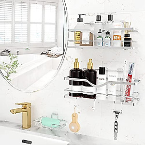 JOLALIA Shower Caddy Shelf with Adhesives, Shower Shelves Adhesive 4 Hooks, Bathroom Shelf Organizer for Wall with Soap Dish Holder, Stainless Steel Bathroom Shower Storage for Bathtub Shampoo -3 Pack