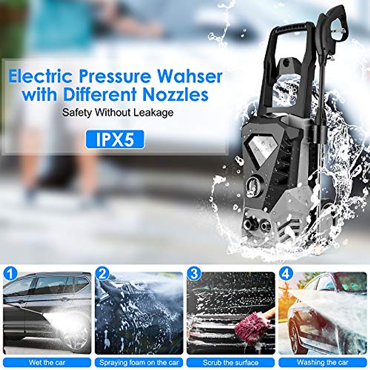 Electric Pressure Washer 1800W Power Washer with 5 Nozzles, Hose Reel, High Pressure Cleaner for Fences,Patios,Garden (Wisdom Grey)