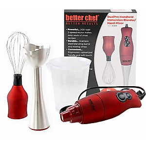 Better Chef Immersion Blender with Whisk Attachment | 2-Speed 200-Watt Motor | Stainless Blending & Whisk Attachment | Rubberized Grip | Measuring Cup (Red)