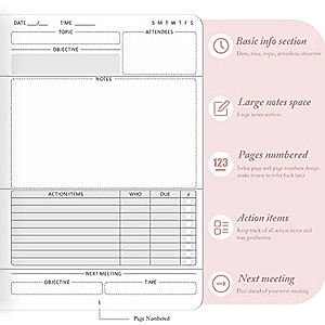 Elegant Meeting Notebook for Work with Action Items, Premium Leatherette Hardcover Meeting Planner with Numbered Pages, 7 x 10" Project Planner Notebook for Office Business Meeting Notes Agenda Organizer for Men & Women, 168 Pages (Rose Gold)