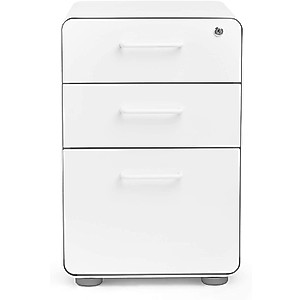 Poppin Stow 3-Drawer Rolling File Cabinet - White. 2 Utility Drawers and 1 Hanging File Drawer. Two Locking and Two Non-Locking Wheels. Powder-Coated Steel. Two Keys Included