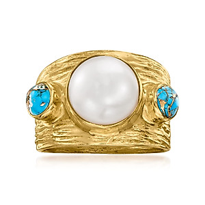 Ross-Simons 9.5-10.5mm Cultured Pearl and Turquoise Ring in 18kt Gold Over Sterling. Size 7