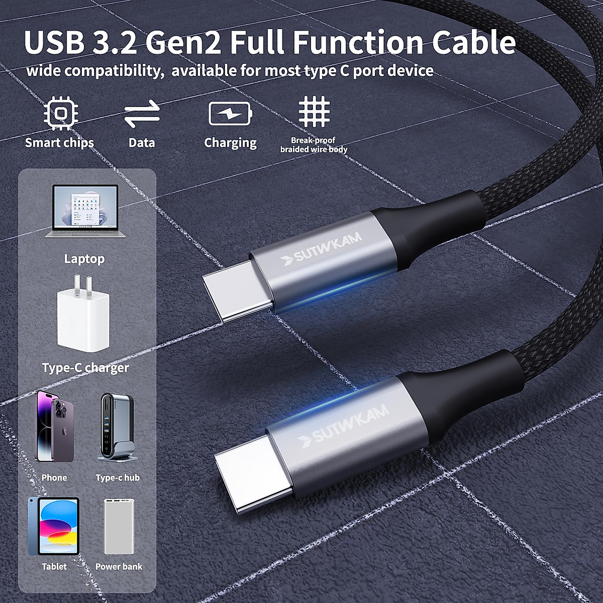 SUTWKAM USB C 3.2 Gen 2 Cable Full Featured [100W Charge, 20Gbps Data, 4K Video] Compatible with USB C Monitor, PSS Drive, Thunderbolt 3/4, iPhone, Samsung, MacBook, Pad, Laptop and More