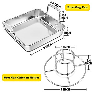 Small Roasting Pan with Beer Can Chicken Holder Set, E-far Stainless Steel Vertical Chicken Roasting Stand Rack with 9 Inch Square Drip Pan for Oven BBQ Grill Smoker, Heavy Duty & Dishwasher Safe