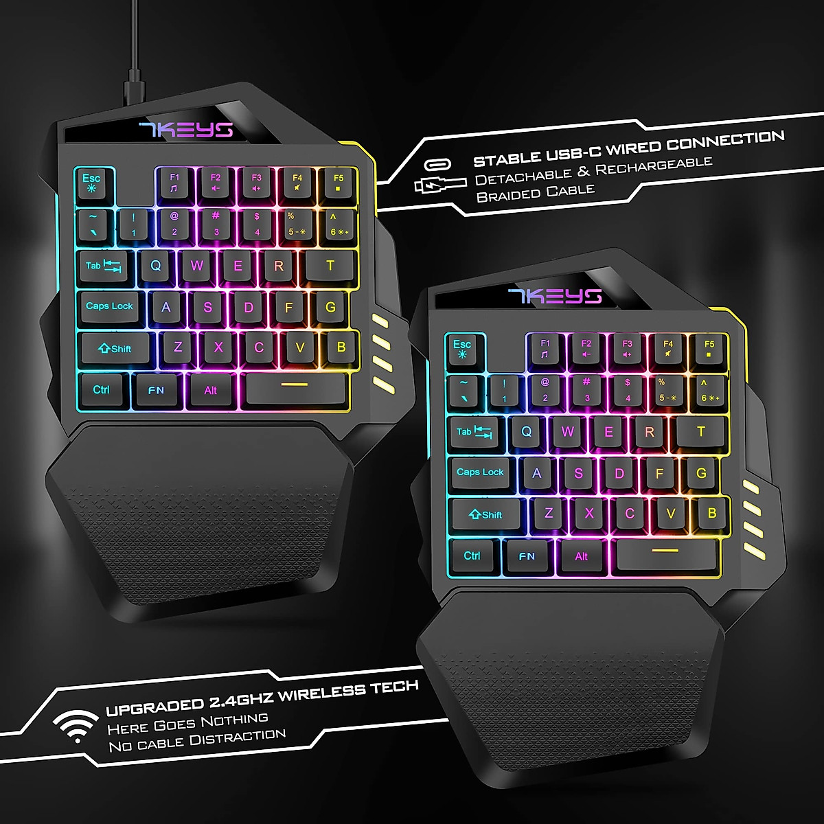 7KEYS Wireless One Handed Gaming Keyboard, 2.4GHz Half Keyboard 35 Keys RGB Backlight, Comfortable Wrist Rest Teclado, Power Saving Keypad for PC Laptop