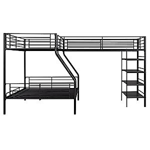 BOVZA Triple Bunk Bed, L Shaped Metal Twin Over Full Bunk Bed and Twin Size Loft Bed with 4 Built-in Shelves, 3 Bunk Beds for Kids Teens Adults, Black