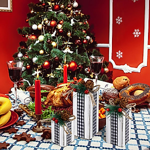 3 Pcs Christmas Table Centerpieces Christmas Table Decor Faux Present Wooden Blocks Rustic Decoration with Buffalo Plaid Bowknot for Holiday Xmas Tree Shelf Tiered Tray Decor (Black, White)