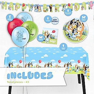 Unique Bluey Birthday Decorations and Supplies | Serves 16 Guests | Bluey Banner, Bluey Tablecloth, Bluey Balloons, Bluey Plates and Napkins, Sticker | Bluey Party Decorations | Officially Licensed