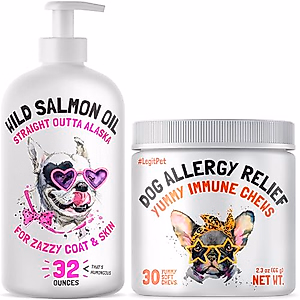 Allergy Relief Chews for Dogs & Immune & Digestive Supplement 30 Soft Treats and Wild Alaskan Salmon Oil for Dogs & Cats 32 oz