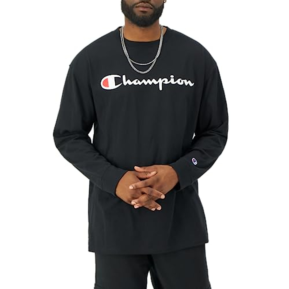 Champion Long Sleeve, Classic T-Shirt for Men (Reg. or Big & Tall), Black Script, X-Large