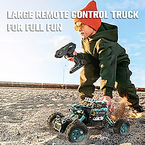 CROBOLL 1:12 Large Remote Control Car for Boys Kids with Lifting Function,4WD RC Cars Electric Monster Truck Toy Gifts 4X4 Off-Road RC Rock Crawler 2.4GHz All Terrain RC Truck with 2 Batteries(Cyan)