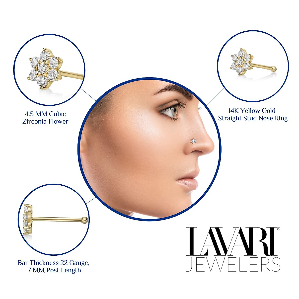 Lavari Jewelers 22 Gauge White Cubic Zirconia Straight Bone Flower Nose Ring in 14k Yellow Gold Straight Stud I 4.5mm Hypoallergenic Nostril Piercing Jewelry I CZ 22G Body Piercing