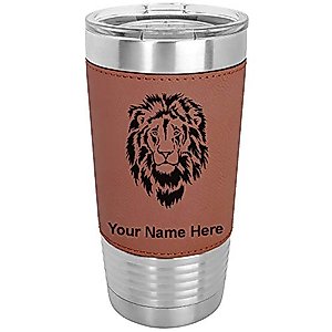 LaserGram 20oz Vacuum Insulated Tumbler Mug, Lion Head, Personalized Engraving Included (Faux Leather, Dark Brown)
