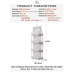 AARAINBOW 1 Pack Hanging Handbag Purse Organizer, Polyester Fiber+PVC Purse Bag Organizor 8 Pockets Wardrobe Closet Space Saving, Washable, 41L x 13.5W (B-Light Gray)