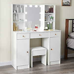 JBLCC Makeup Vanity Desk with Lights Mirror, Large Vanity Desk with Storage Shelf & Drawers,Makeup Vanity Dressing Table with Cushioned Stool for Bedroom (jbl 3072)