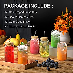 12pcs Glass Cups with Bamboo Lids and Glass Straws Set-16oz Can Shaped Drinking Glasses, Beer Glasses, Iced Coffee Glasses, Cute Tumbler Cup, Ideal for Whiskey,Cocktail,Wine,Gift-2 Cleaning Brushes