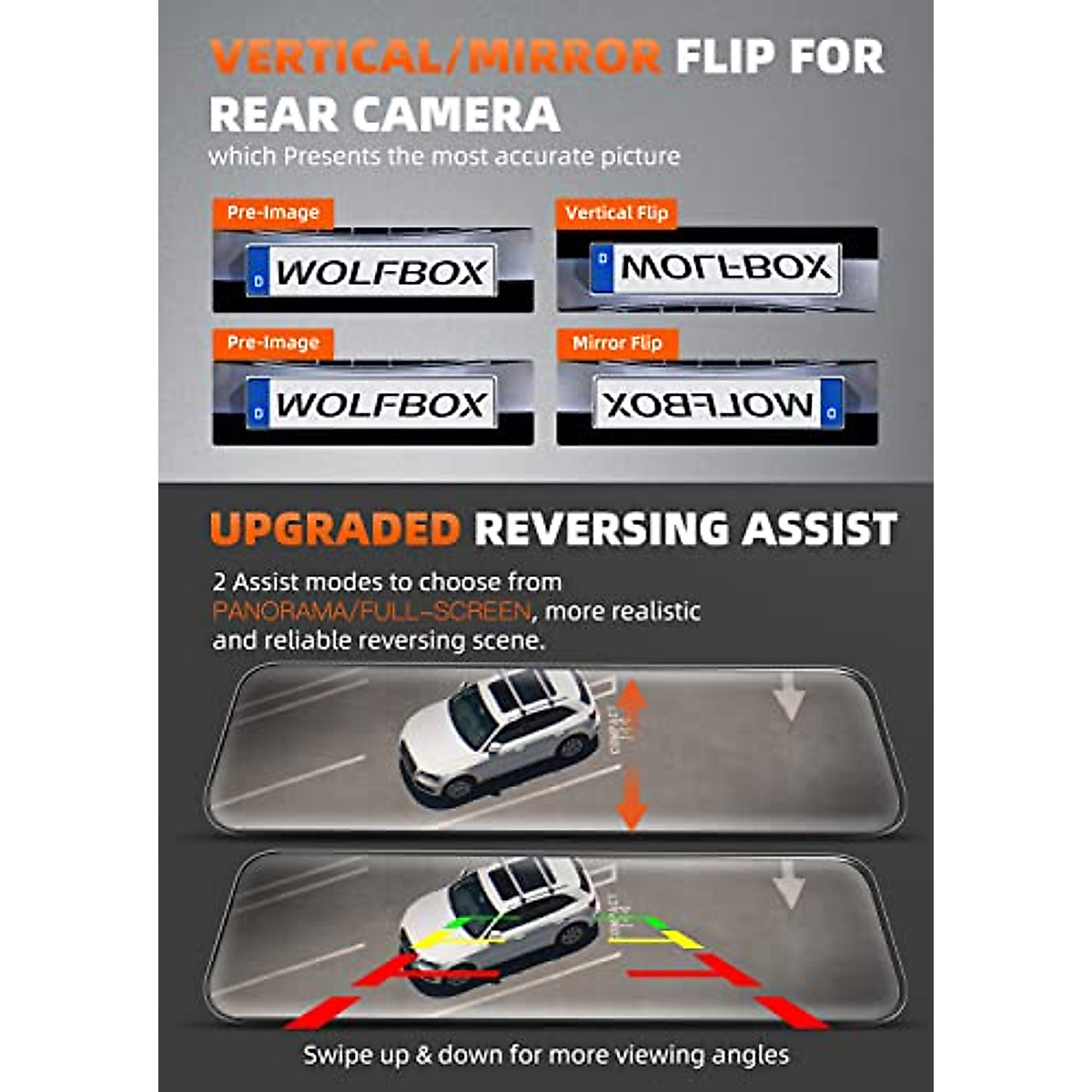 WOLFBOX Rear View Mirror Camera:Mirror Dash Cam Front and Rear 4K+2.5K for Car with 12" Full Touch Screen, Waterproof Backup WDR Camera, Night Vision, G-Sensor, Parking Assist,Free 64GB Card & GPS