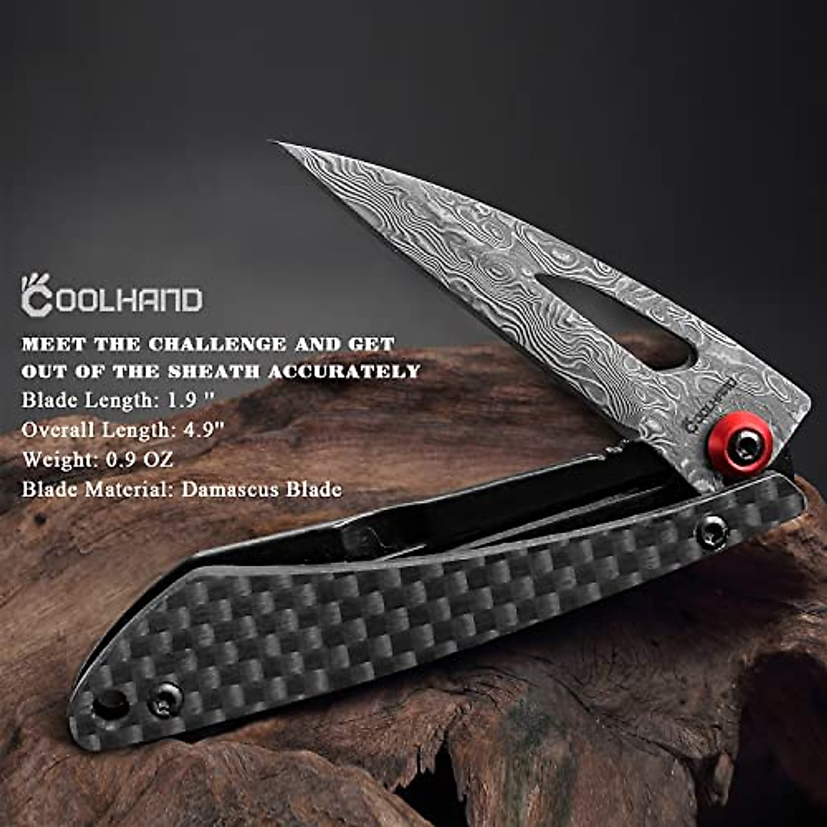 Cool Hand 3'' Super Light Folding Pocket Knife, Liner Lock, 2'' Damascus Blade with Carbon Fiber Scale