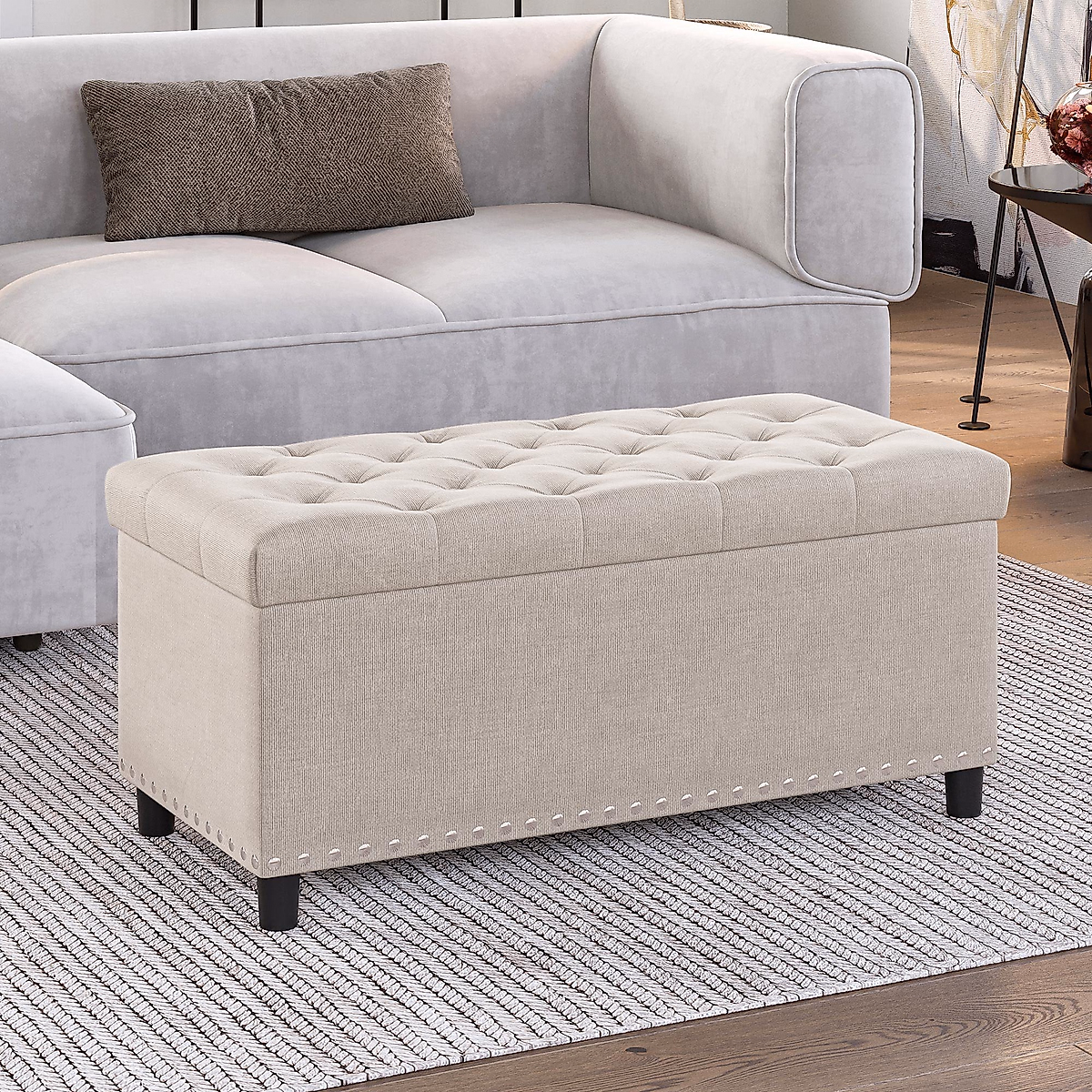 BELLEZE 35 Inch Button-Tufted Ottoman Linen Storage Bench with Safety Close Hinge for Living Room, Entryway, Hallway, Foot Rest, Support 300lbs - Beige