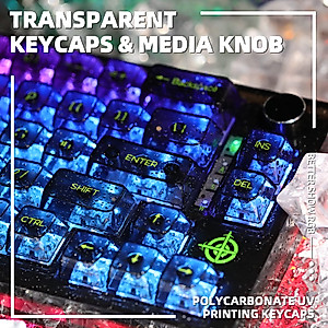 65% Hot-Swap Wired Mechanical Gaming Keyboard Programmable with Transparent 66 Key Full Side RGB OWERTY Linear Ice White Switch Custom Coiled C to A Cable Media Knob 2-IN-1 Case for WIN/PC/MAC(Black)