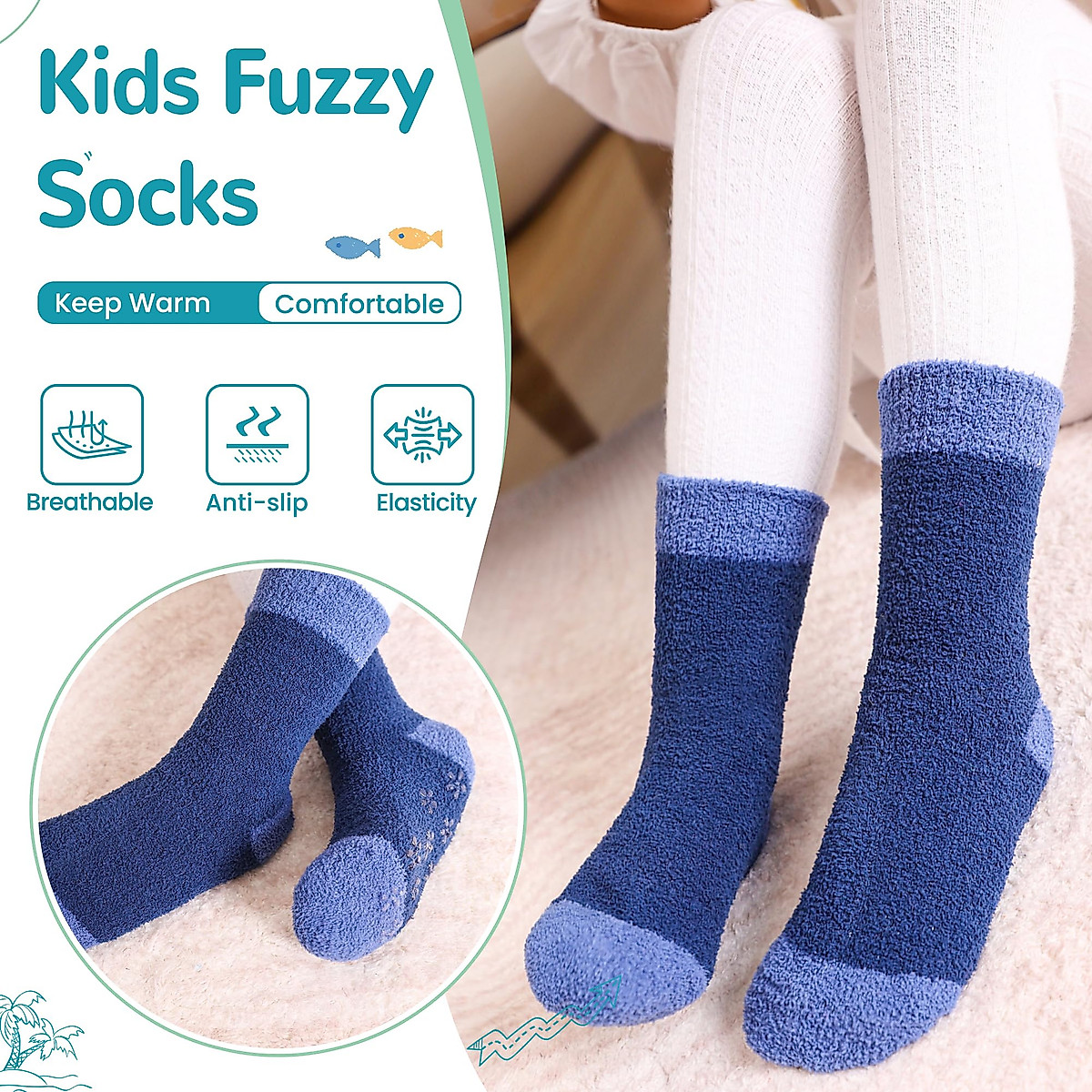 Kids Fuzzy Slipper Socks with Grips Children Boys Girls Toddlers Non Slip Warm Winter Cozy Fluffy Thermal Cute Socks 6 Pairs (8-12 Years, Stripe)
