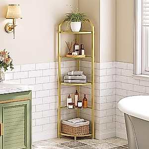 HOOBRO 5-Tier Corner Shelf Stand, Gold Corner Bookshelf, Tempered Glass Shelves, Corner Plant Stand, for Living Room, Bedroom, Study, Bathroom, Balcony, Modern Style, Gold GD14CJ01