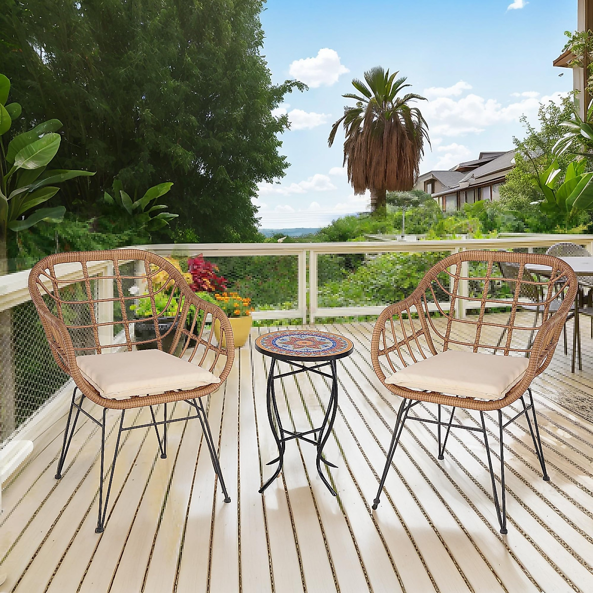 MOOOTTO 3 Pieces Outdoor Conversation Set, Patio Bistro Sets with 2 PE Wicker Chairs and Coffee Table,Patio Furniture Set for Porch, Sunroom, Deck, Backyard