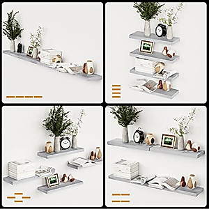 Boswillon Wall Mounted Floating Shelves, 4 Sets Farmhouse Wall Shelves for Bedroom with Invisible Brackets, Modern Shelves for Wall Decor, Wall Shelf for Bathroom, Kitchen, Living Room – Grey