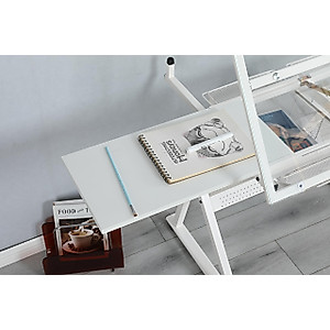 Landpink Glass Drafting Table Art Desk – Adjustable Professhional Artwork Drawing Drafting Table Desk, Glass-Topped Art Table for Craft Station Studio Home Office School w/Drawers/Chair (White)