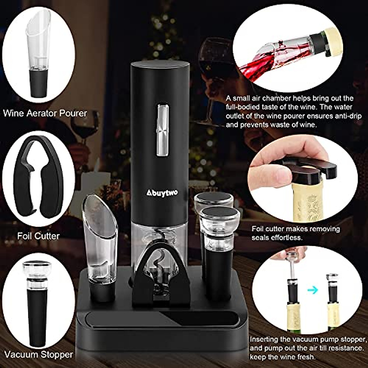 Abuytwo Electric Wine Opener Set, Automatic Corkscrew Remover One-click Rechargeable Wine Bottle Opener Kit with Foil Cutter Pourer Aerator Vacuum Stoppers for Wine Lovers Gift Christmas Home Party