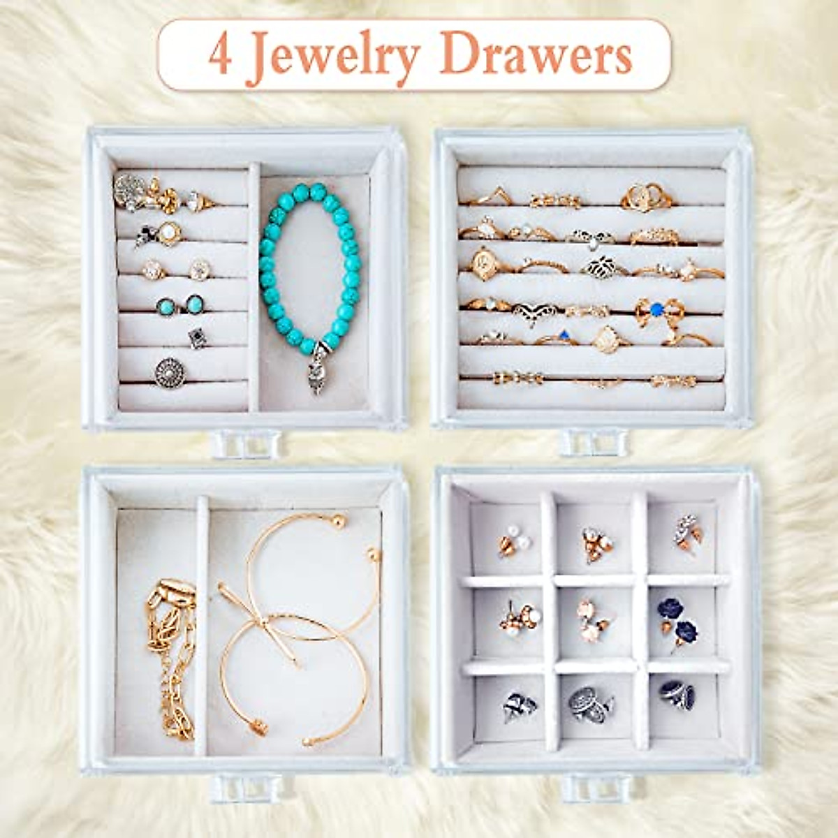 Acrylic Jewelry Organizer Box, Clear Earring Holder Jewelry Hanging Boxes with 4 Velvet Drawers for Earrings Ring Necklace Bracelet Display Case Gift for Women, Girls