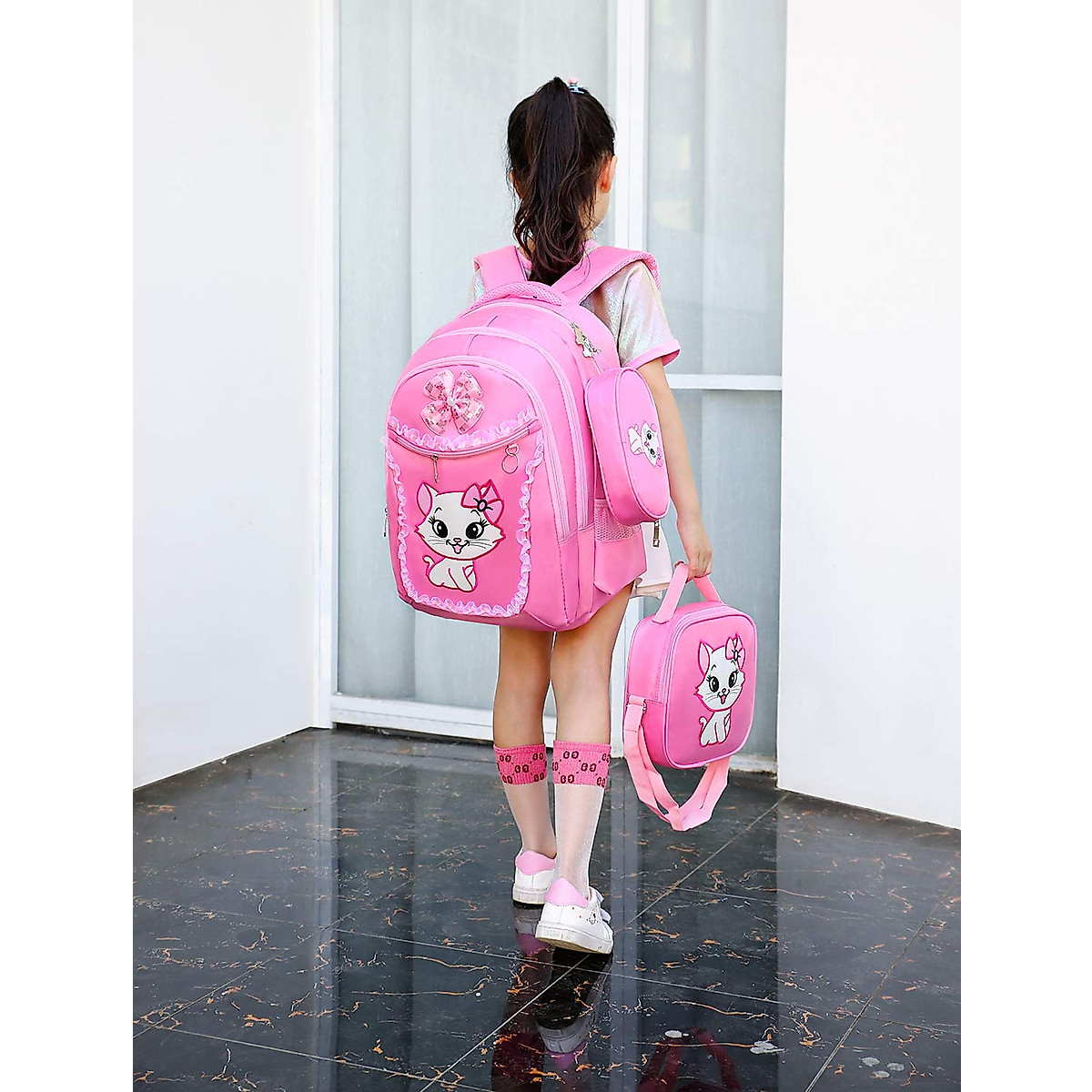 Debbieicy Cute Cat Printing Lace Backpack Lightweight Princess School Bag Kids Bookbag Handbag Pen Bag Set for Primary Girls (Large, Pink1(Backpack Handbag Pen Bag))