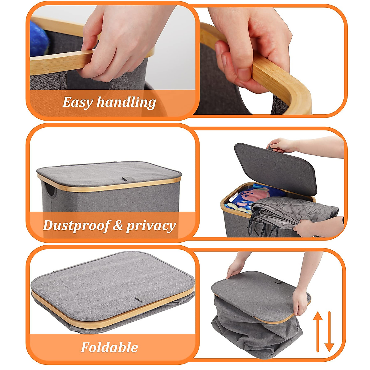 AMBIRD 2-Pack Laundry Basket with Lid, Bamboo Frame, Large Capacity, Upgraded Fabric, Portable and Foldable, Ideal for Bedroom, Bathroom, Nursery, and Household