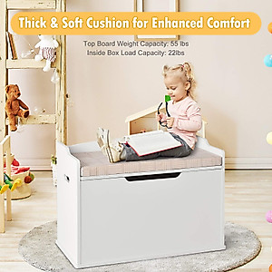 Costzon Wooden Toy Chest, 2 in 1 Toy Box and Storage Chest with Seating Cushion, Finger-Pinch Prevention Toy Storage Case with Seating Bench, Lift-Top Storage Chest for Bedroom/Living Room (White)