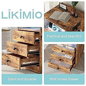 LIKIMIO Nightstand with Charging Station and 3 Drawers, LED Lights End Side Table with interchangeable sockets and Hooks, Vintage Brown