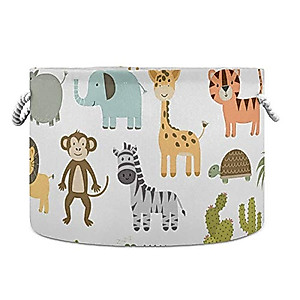 AJINGA Collapsible Round Storage Basket Fabric Toy Chest Organizer, Cute Safari Animals Giraffe Lion Hippo Crocodile Laundry Basket with Drawstrings for Kids