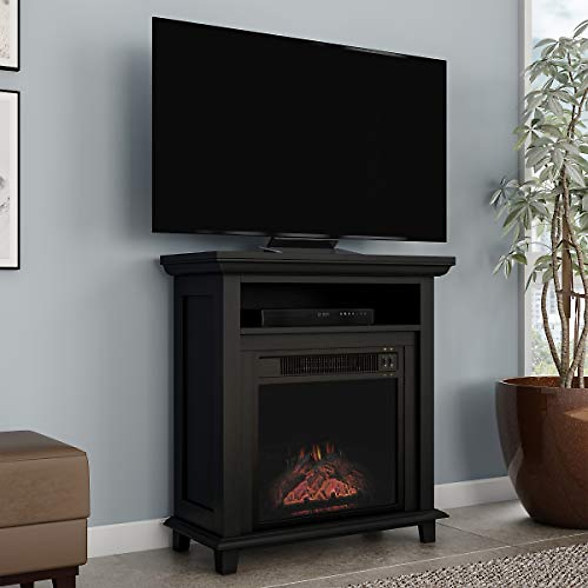 29-Inch Tall Electric Fireplace TV Stand – Freestanding Entertainment Console with Shelf, Faux Logs and LED Flames by Northwest (Black)