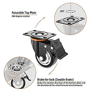 3” Caster Wheels,Set of 4,Heavy Duty Swivel Casters with Brake, Safety Dual Locking and No Noise Polyurethane (PU) Wheels,Swivel Plate Castors(TWO HARDWARE KITS for Free)