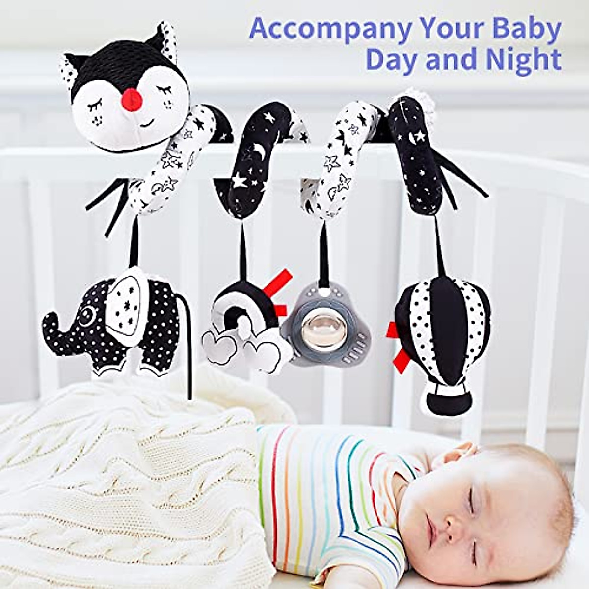 SAOTAENG Car Seat Toys, Infant Baby Black White Fox Stroller Toy Stretch & Spiral Activity Toy, Hanging Toys for Car Seat Crib Mobile, Newborn Sensory Toy Best Babies Gift for 0 3 6 9 12 Months