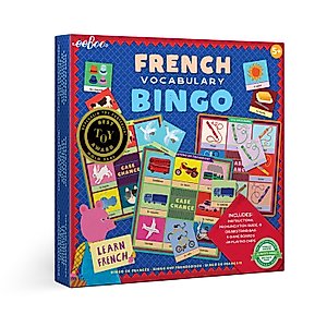 eeBoo: French Bingo Vocabulary Game, Includes- Pronunciation Guide & Drawsting Bag, 6 Game Boards, 48 Playing Chips, 2 to 6 Players, for Ages 5 and up
