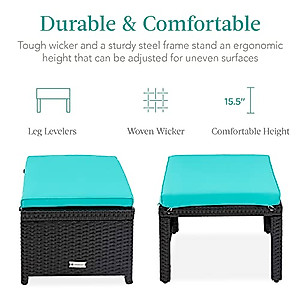 Best Choice Products Set of 2 Wicker Ottomans, Multipurpose Outdoor Furniture for Patio, Backyard, Additional Seating, Footrest, Side Table w/Removable Cushions, Steel Frame - Black/Teal