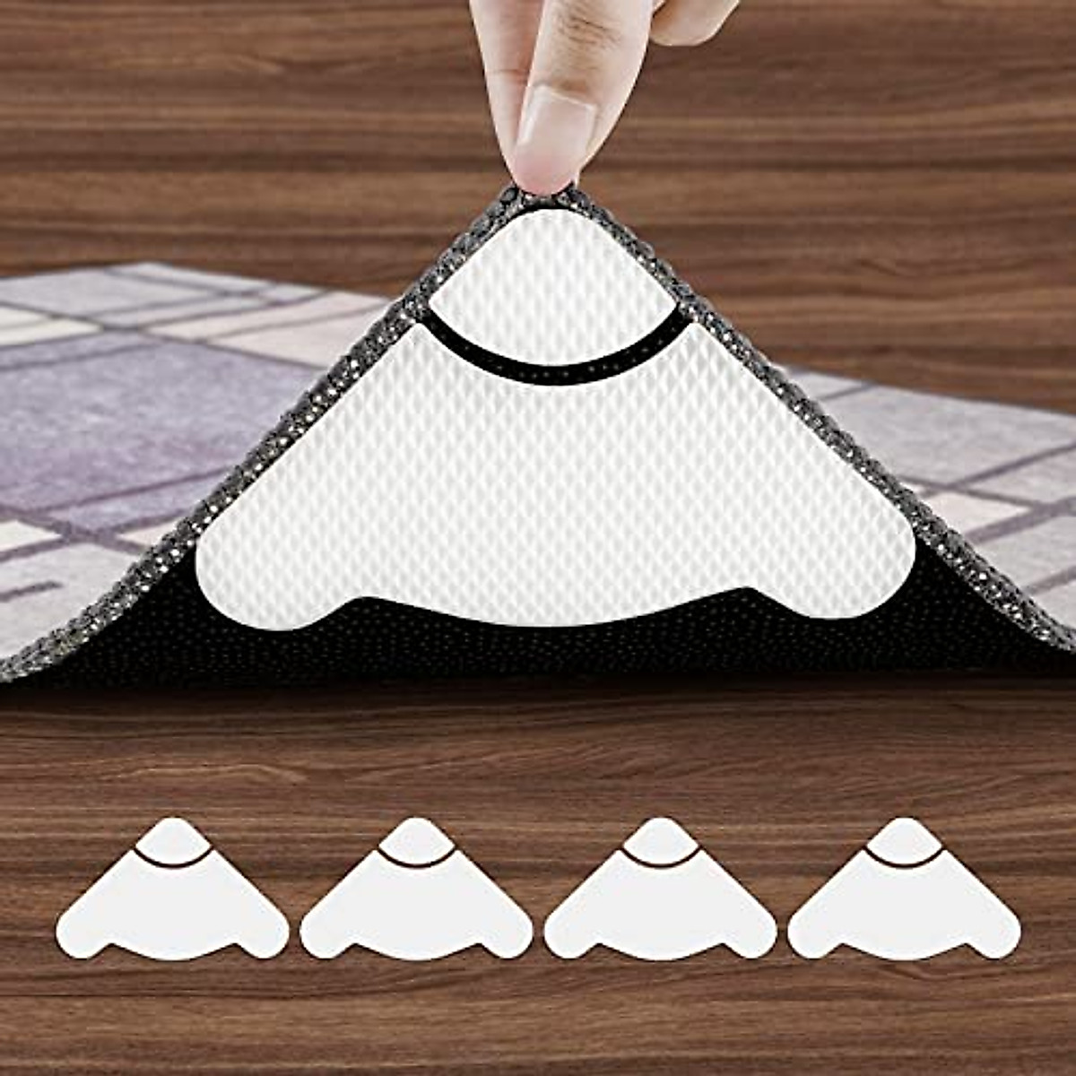 bemece 4PCS Rug Grippers - Enhanced Friction Non Slip Rug Tape, Washable Reusable Rug Pad Gripper, Anti-Curling, Double-Sided Adhesive Rug Pad Grippers for Area Rug Hardwood Tile