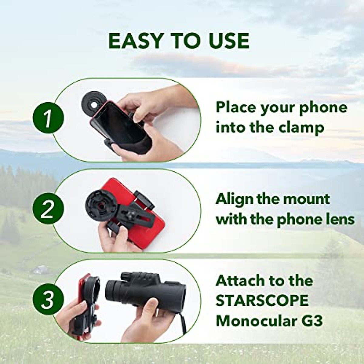 STARSCOPE Adjustable Phone Scope Mount - Telescope Phone Adapter Fits Most Phones (Max 110mm) | Easy-Adjust, Universal Spotting Scope Phone Adapter | Phone Attachment for Binoculars and Monoculars