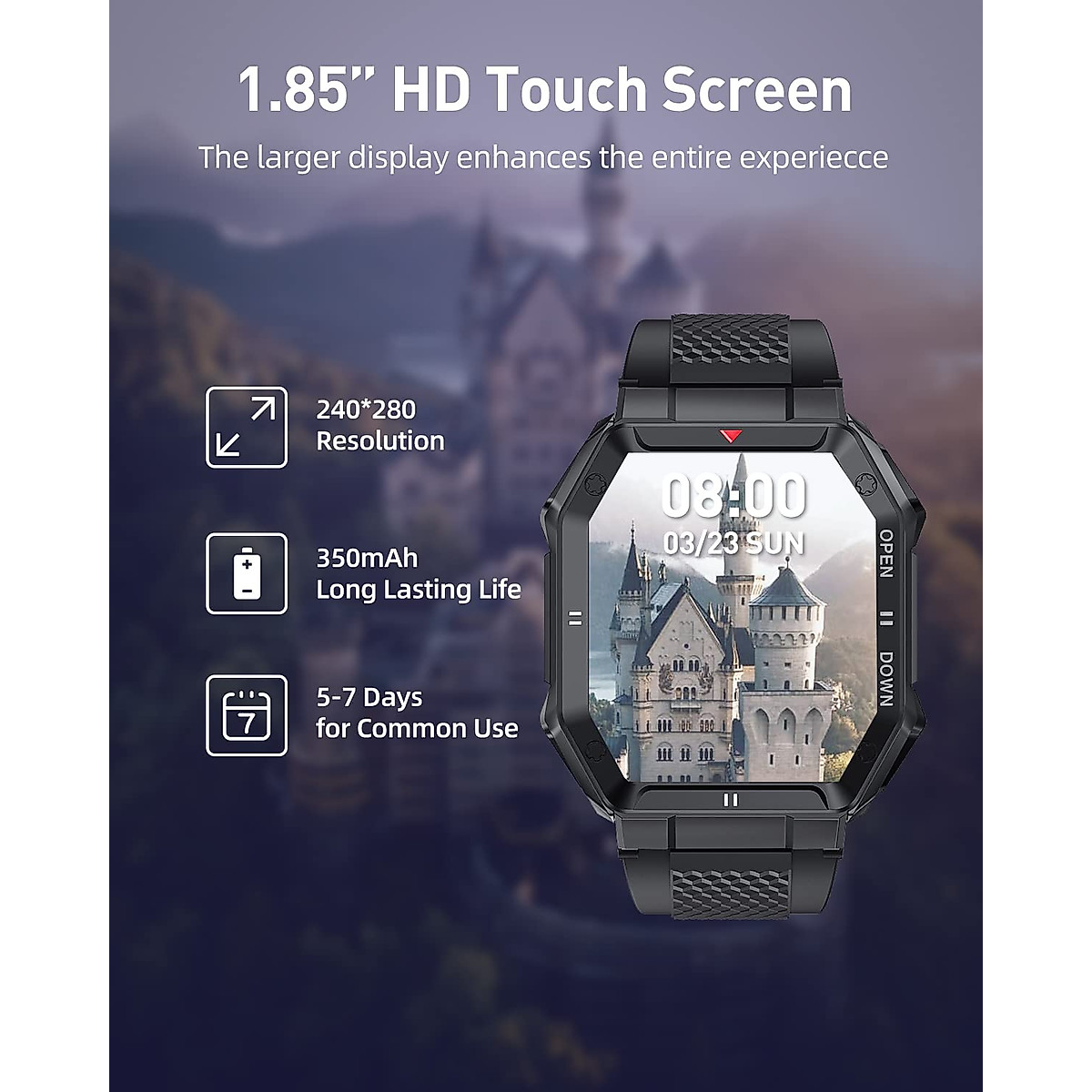 PODOEIL Smart Watch with 1.85'' HD Screen, Fitness Tracker/Bluetooth Call/Sports Mode, Men's Tactical Smart Watches for iOS Android Samsung