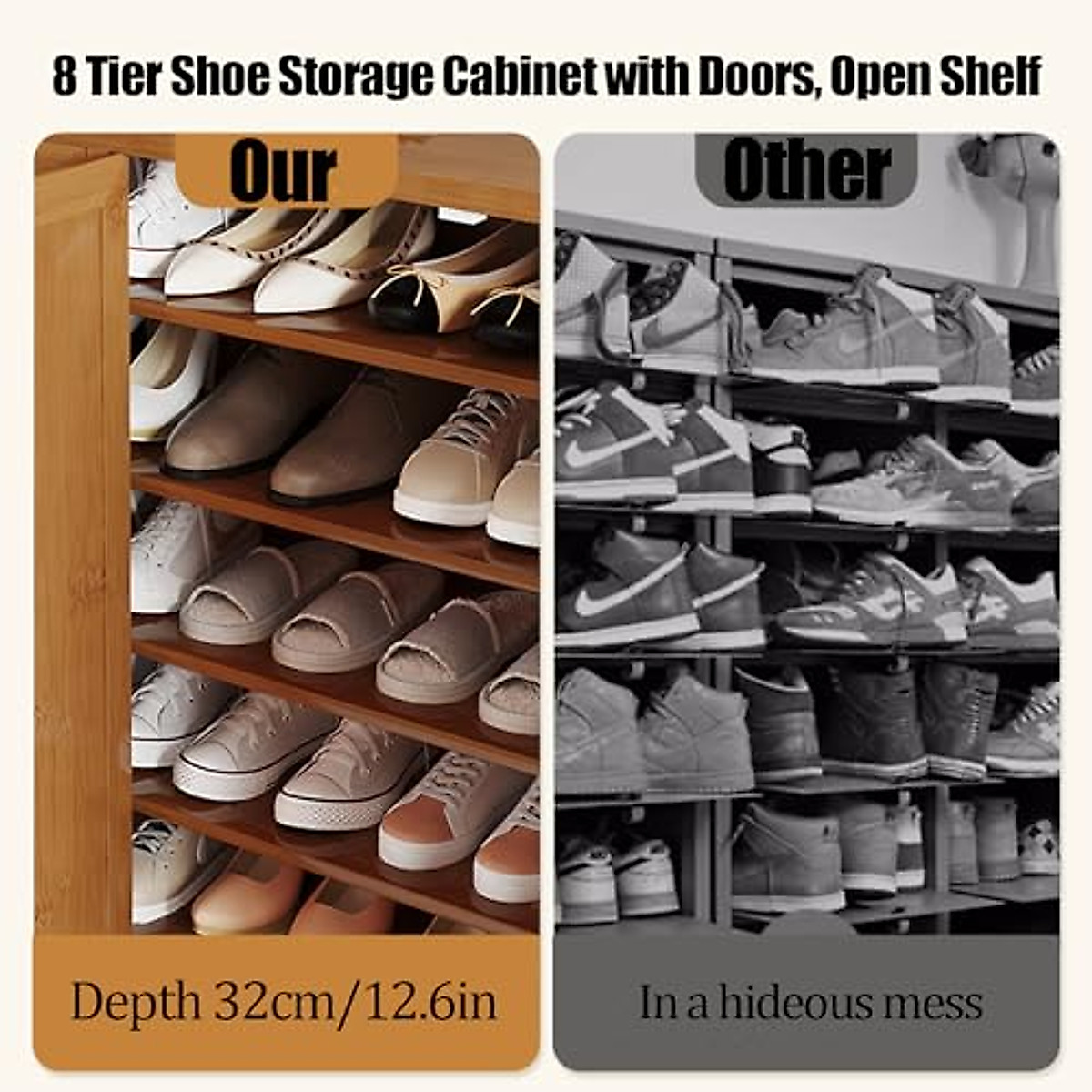 LOYALHEARTDY 8 Tier Shoe Storage Cabinet with Doors, Bamboo Free Standing Shoe Racks Entryway Shoe Organizer with Open Compartment, 35.4" W x 12.6" D x 42.1" H