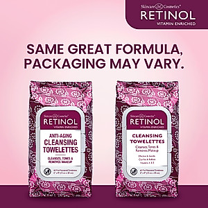 Retinol Anti-Aging Cleansing Towelettes – All-in-One Cleanser, Toner & Makeup Remover in a Convenient Pre-Moistened Wipe – On-The-Go Exfoliating, Toning & Hydrating Leaves Skin Clean, Fresh & Refined