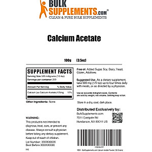 BulkSupplements.com Calcium Acetate Powder - Calcium Supplement, Calcium Acetate Supplement - Food Grade & Gluten Free, 500mg (125mg Calcium) per Serving, 100g (3.5 oz) (Pack of 1)
